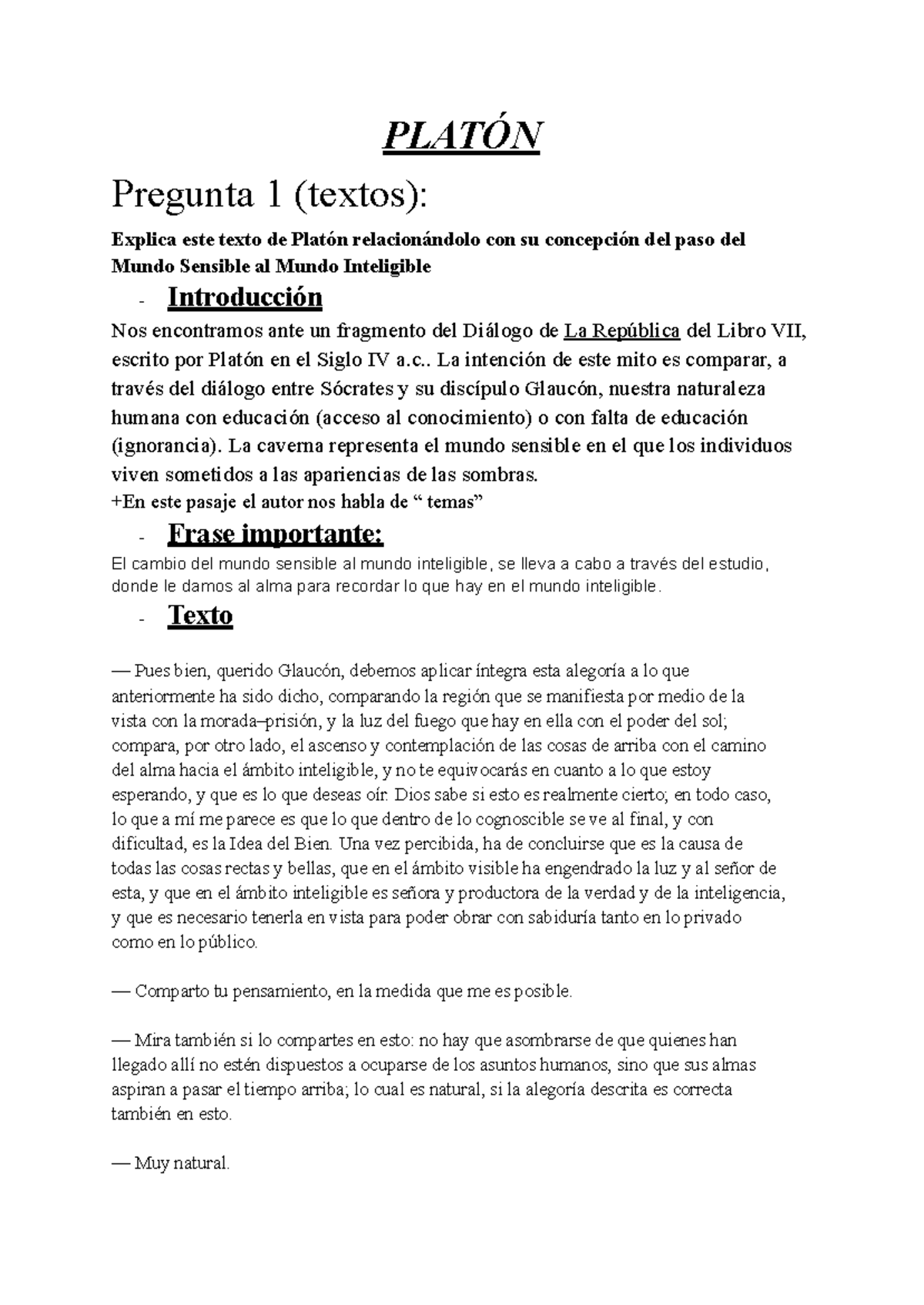Pau filosofía( filosos antiguos) - PLATÓN Pregunta 1 (textos): Explica ...