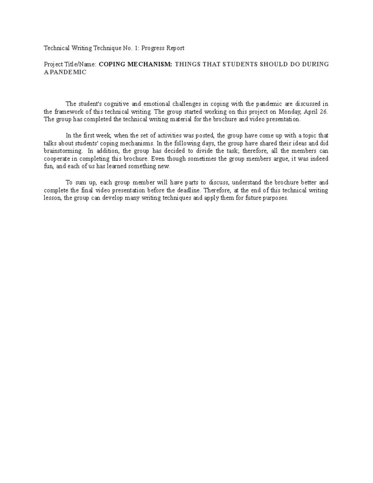 7 Purp Comm Progress Report - Technical Writing Technique No. 1 ...