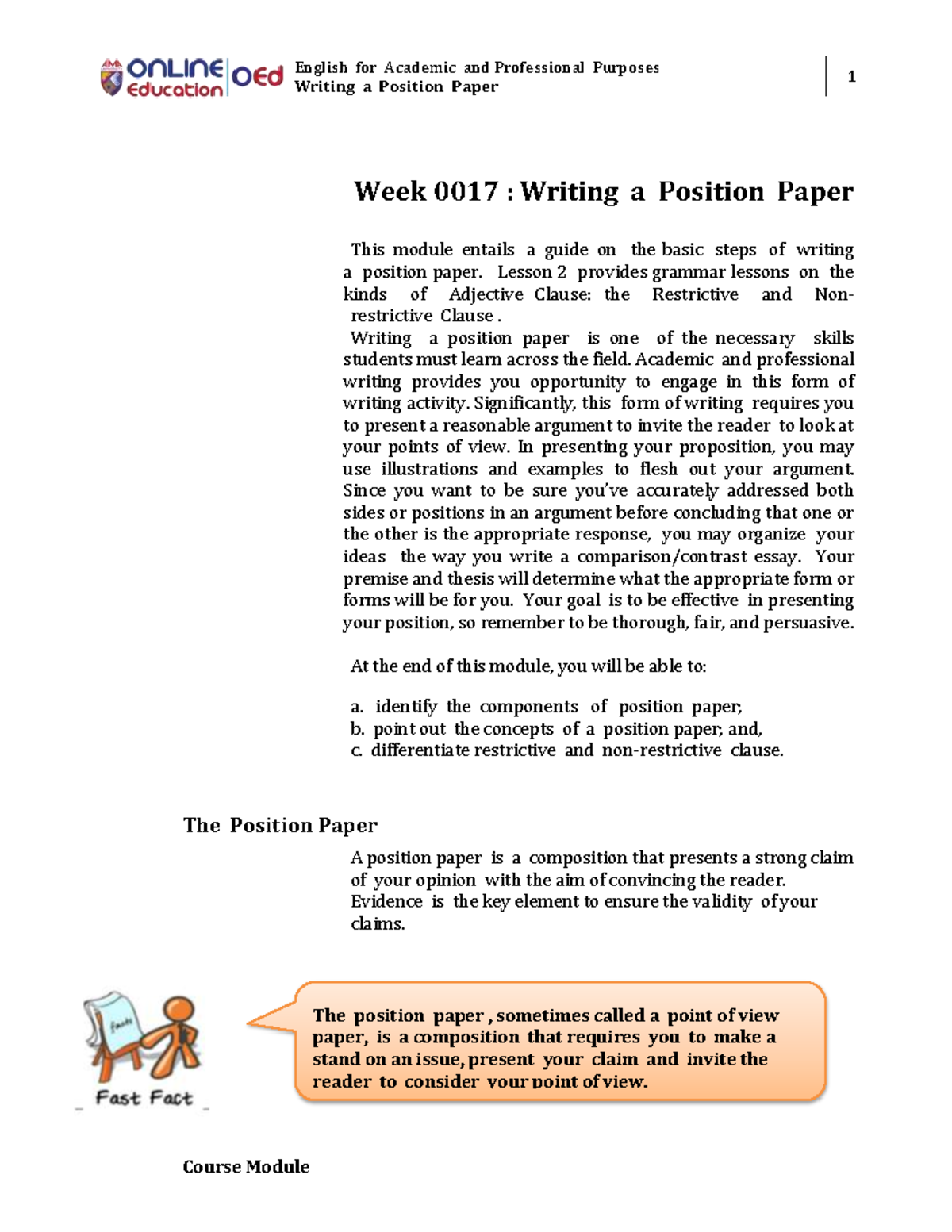 Week 017-Module The Position Paper - English for Academic and ...