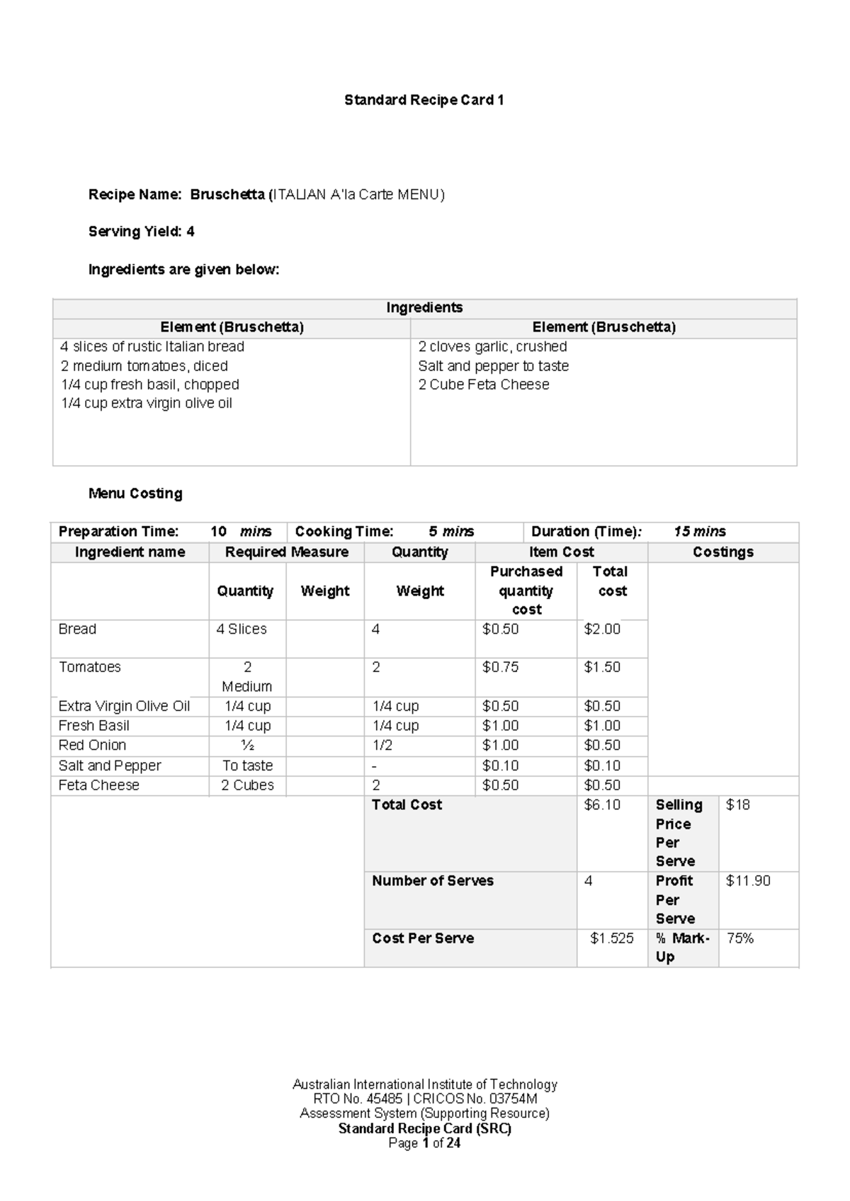 Sithkop 010 (Assessment 2) [Standard Recipe Card] (Template) - Standard ...
