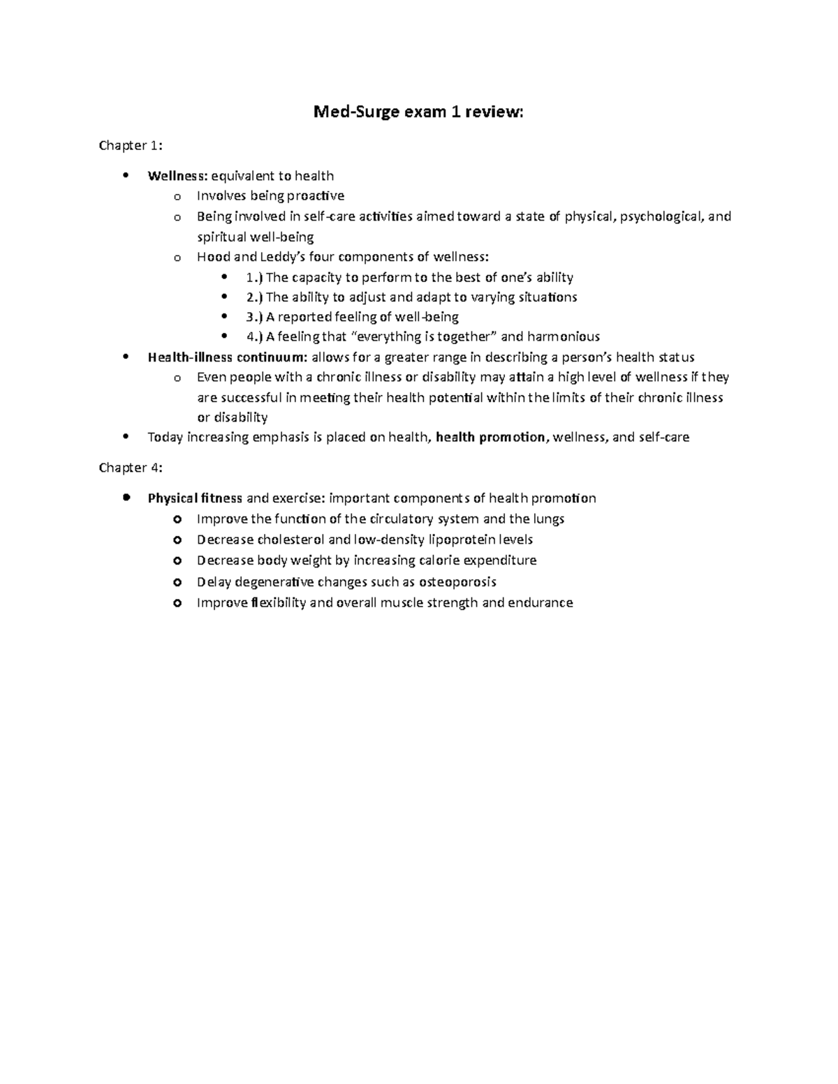 Med surge exam 1 review - Med-Surge exam 1 review: Chapter 1: Wellness ...