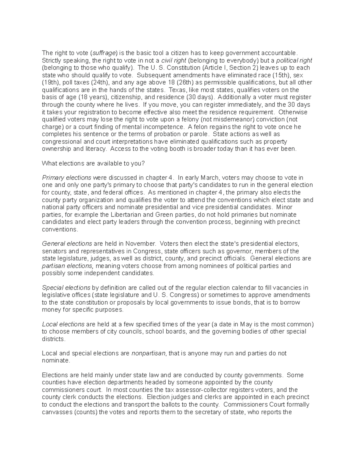 Supplemental notes chapter 5 - The right to vote (suffrage) is the ...