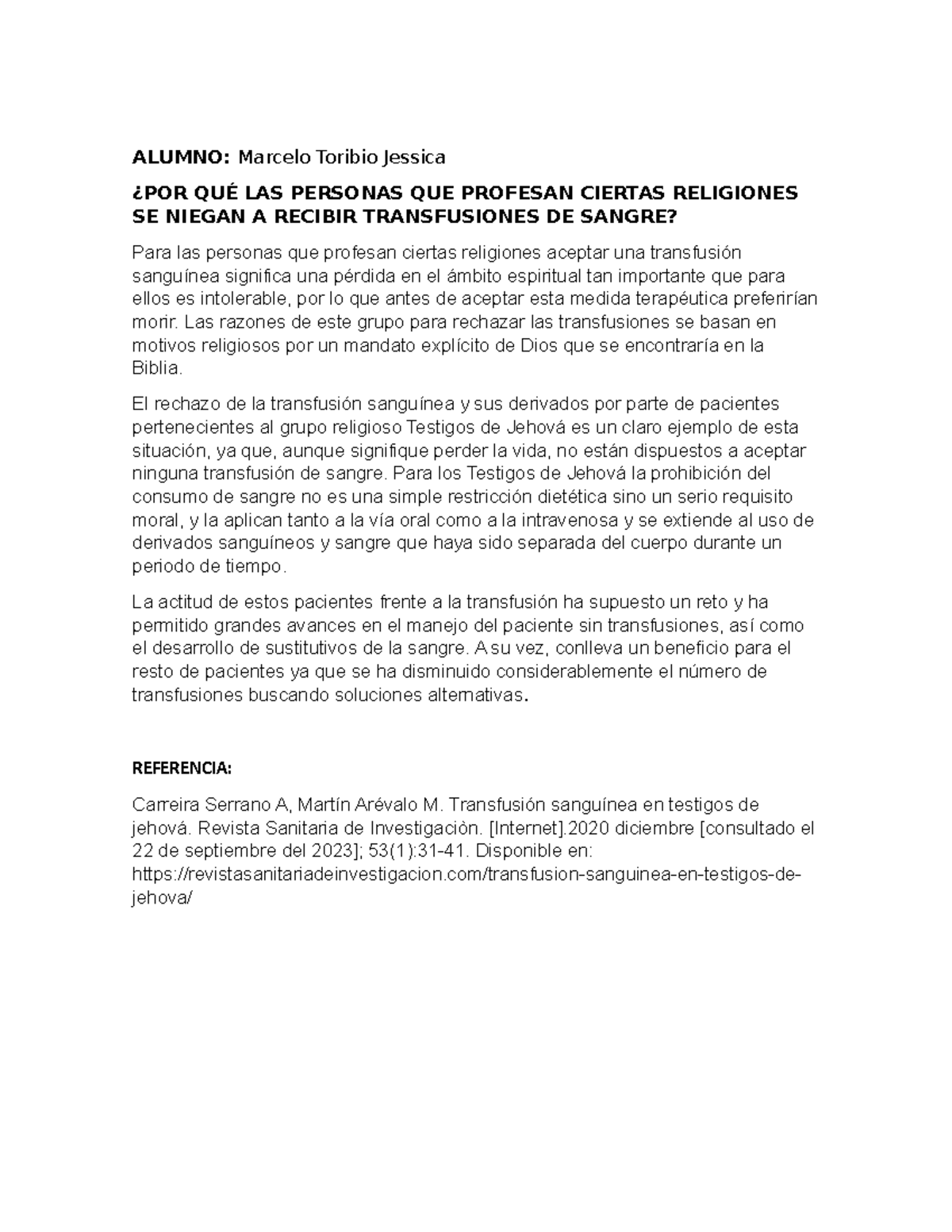 Transfusion de sangre - infromaciòn - ALUMNO: Marcelo Toribio Jessica ...