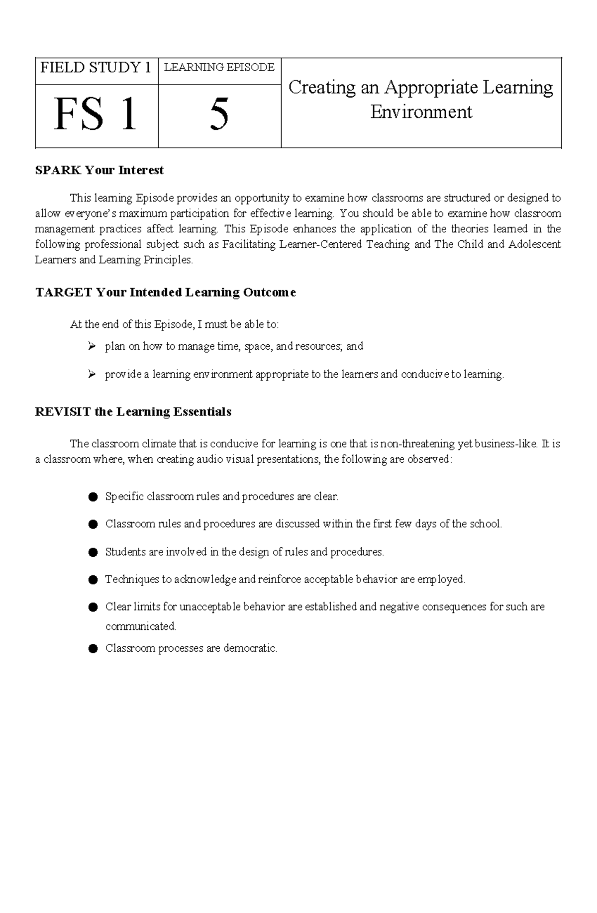 FS1-Episode-5 - FIELD STUDY - FIELD STUDY 1 LEARNING EPISODE Creating ...