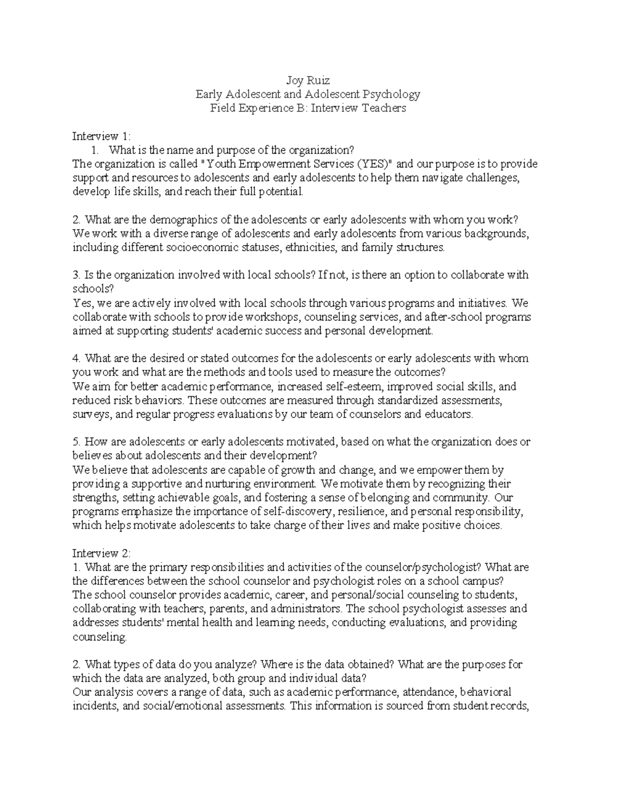 Interviewing teachers B - Joy Ruiz Early Adolescent and Adolescent ...