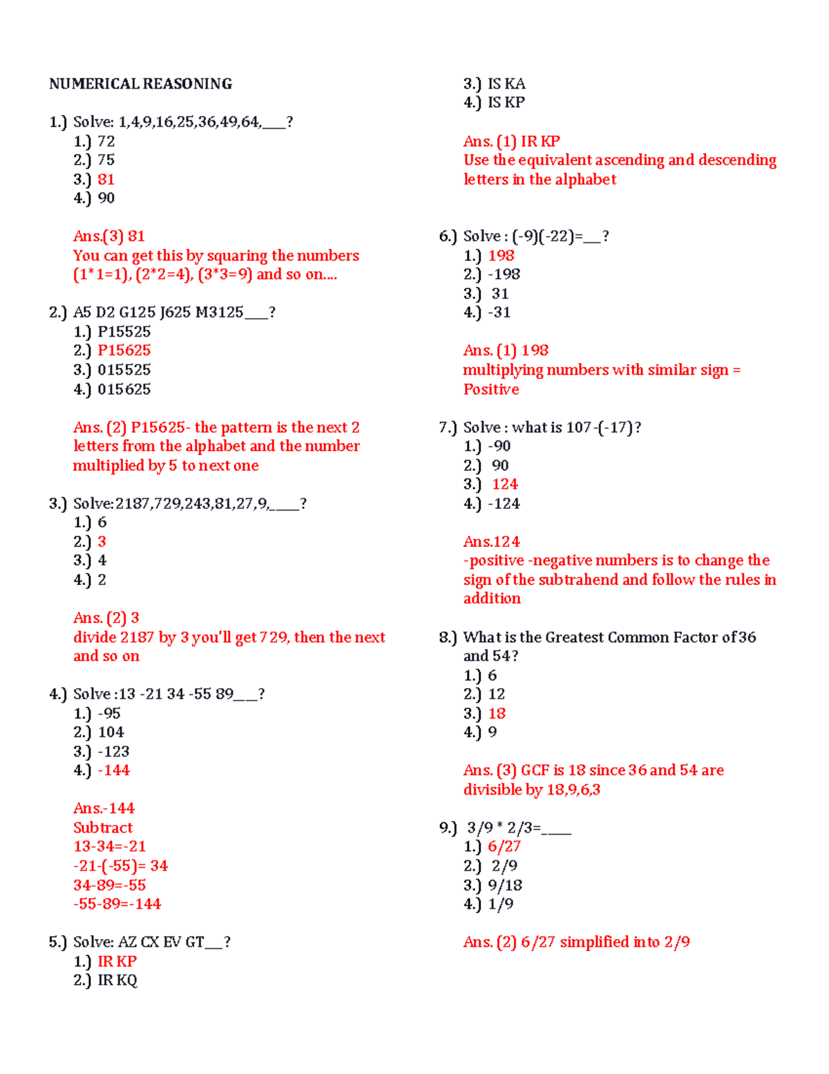 Numerical Reasoning - CSE Reviewer - NUMERICAL REASONING 1.) Solve: 1,4,9,16,25,36,49,64,____? 1 ...