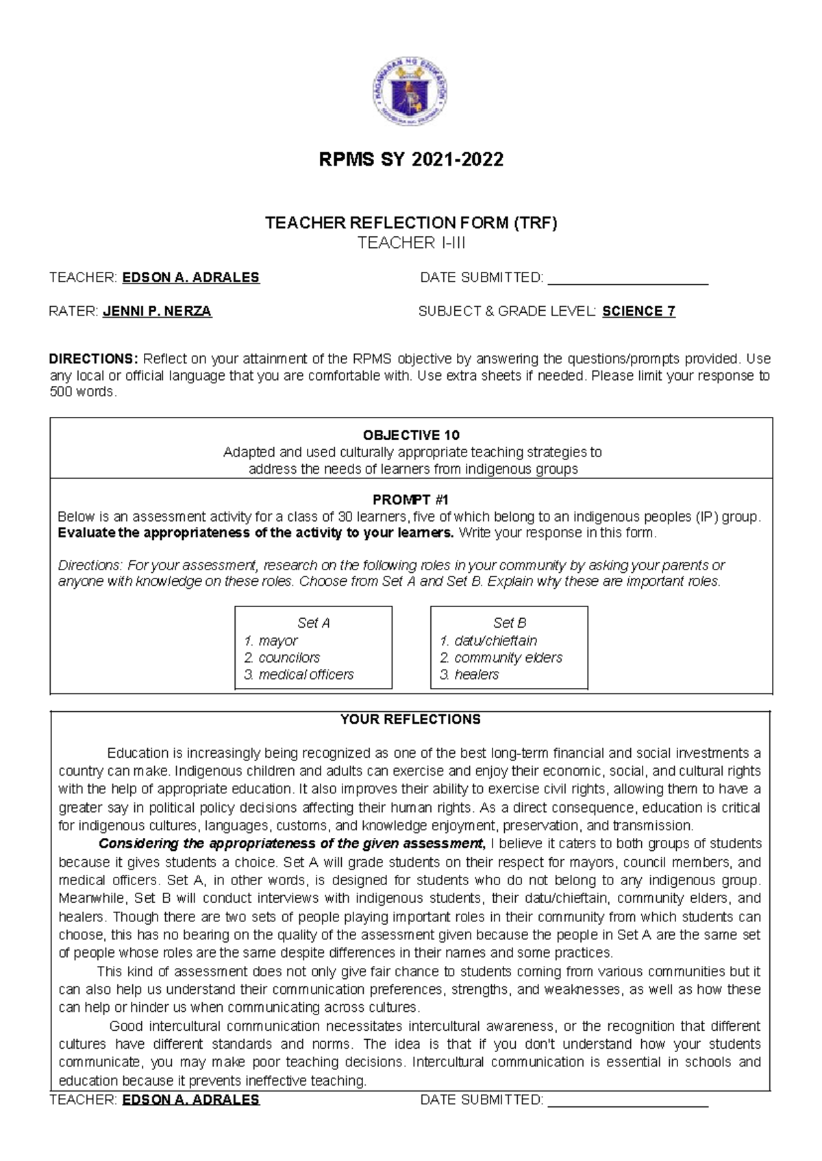 TRF - NOTES - RPMS SY 2021- TEACHER REFLECTION FORM (TRF) TEACHER I-III ...