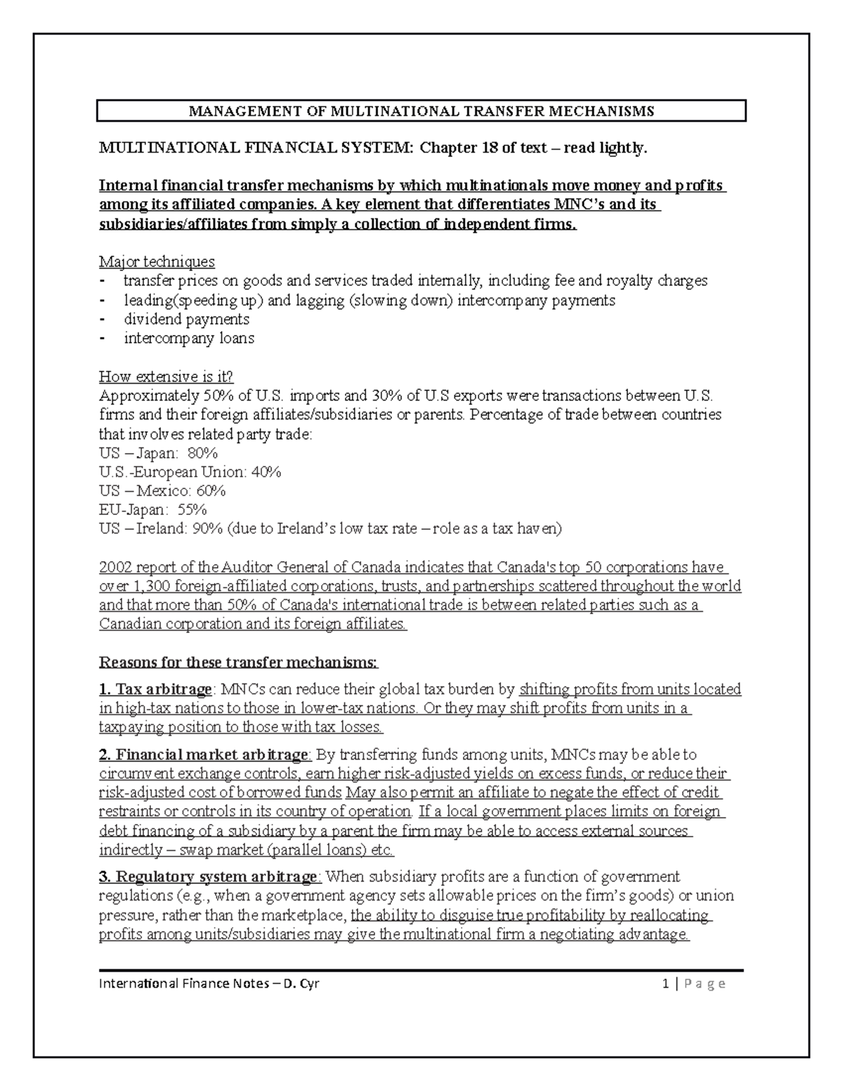 Multinational Transfer Mechanisms - class notes - MANAGEMENT OF ...