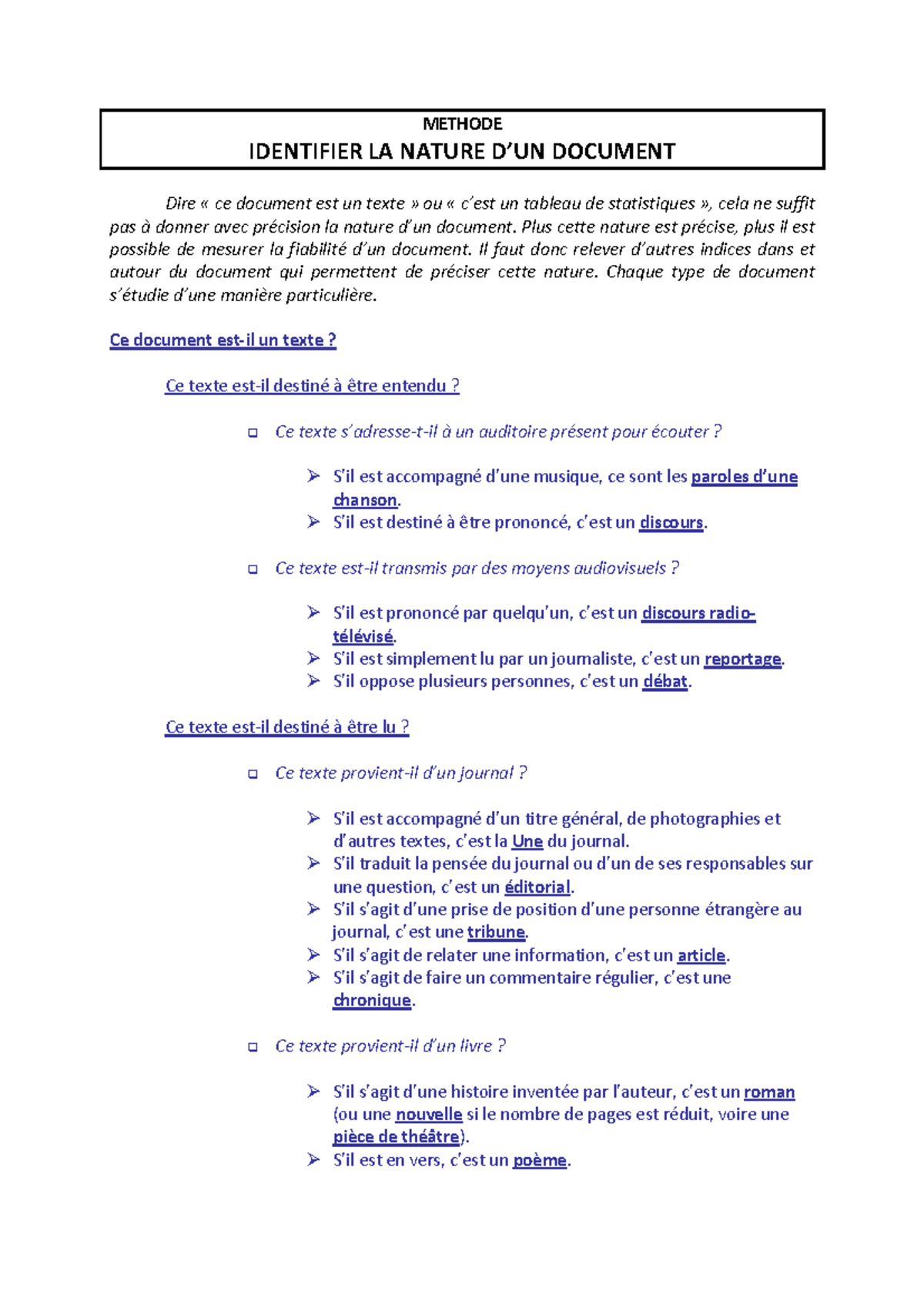 Méthodologie Nature du document - METHODE IDENTIFIER LA NATURE D’UN ...
