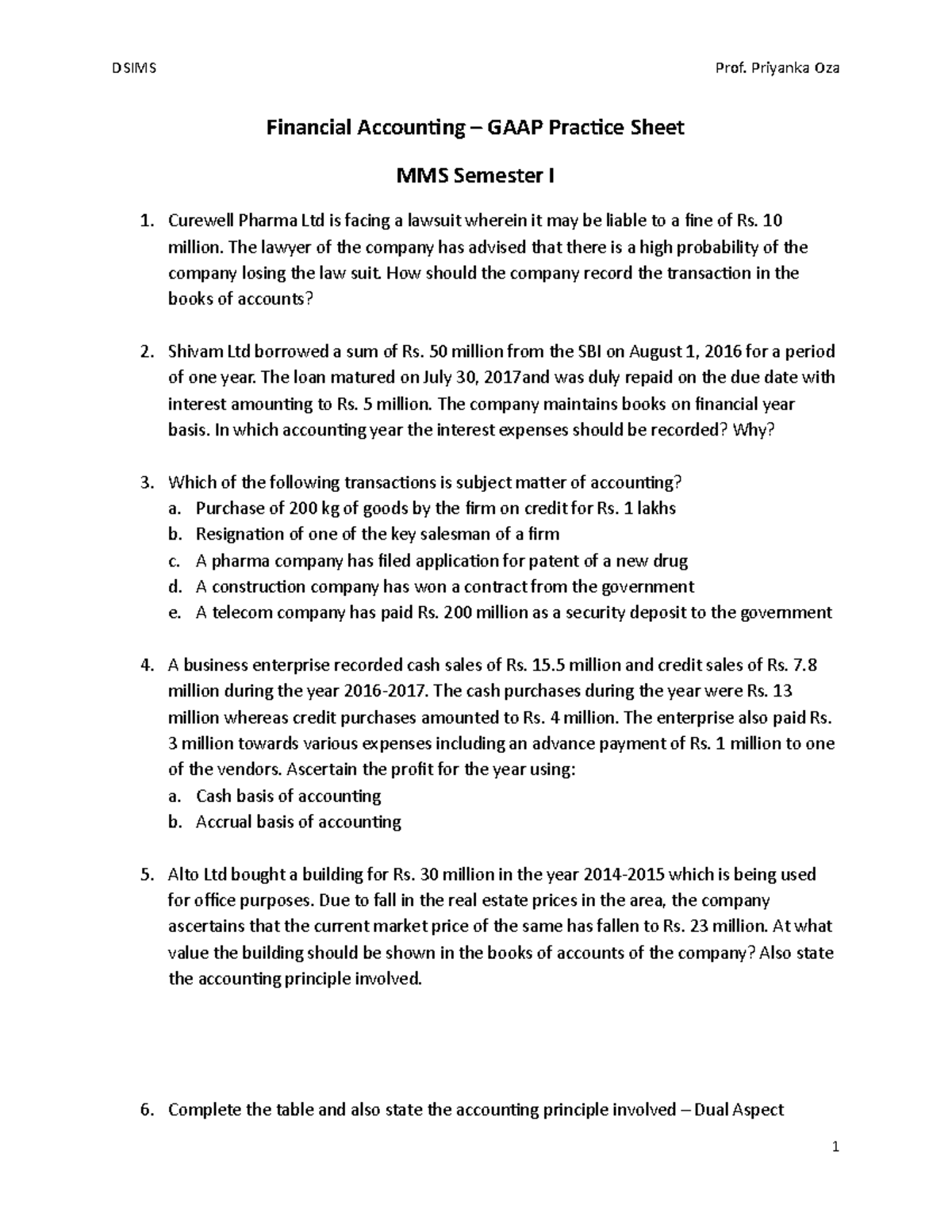 GAAP Questions - DSIMS Prof. Priyanka Oza Financial Accounting – GAAP ...