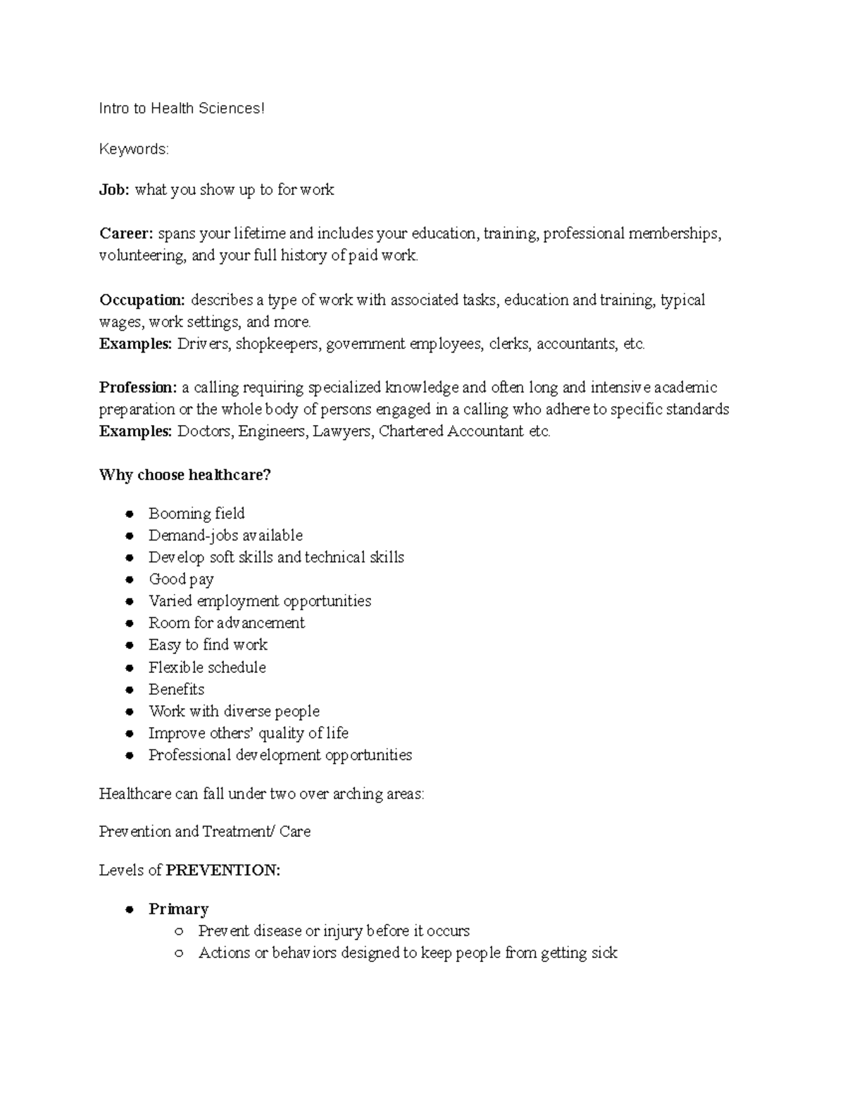 Hth 150 Lecture 1 and 2 - Intro to Health Sciences! Keywords: Job: what ...