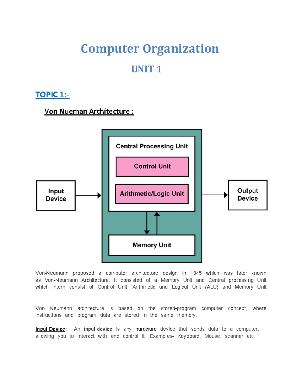 Btech co notes - Computer Organization UNIT 1 TOPIC 1:- Von Nueman ...