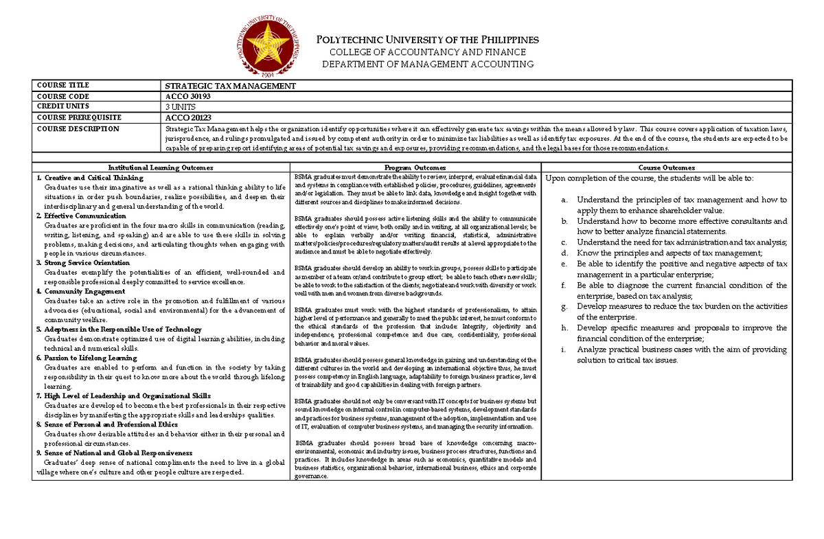 3rd-BSMA Strategic-Tax-Management (Syllabus) - POLYTECHNIC UNIVERSITY ...