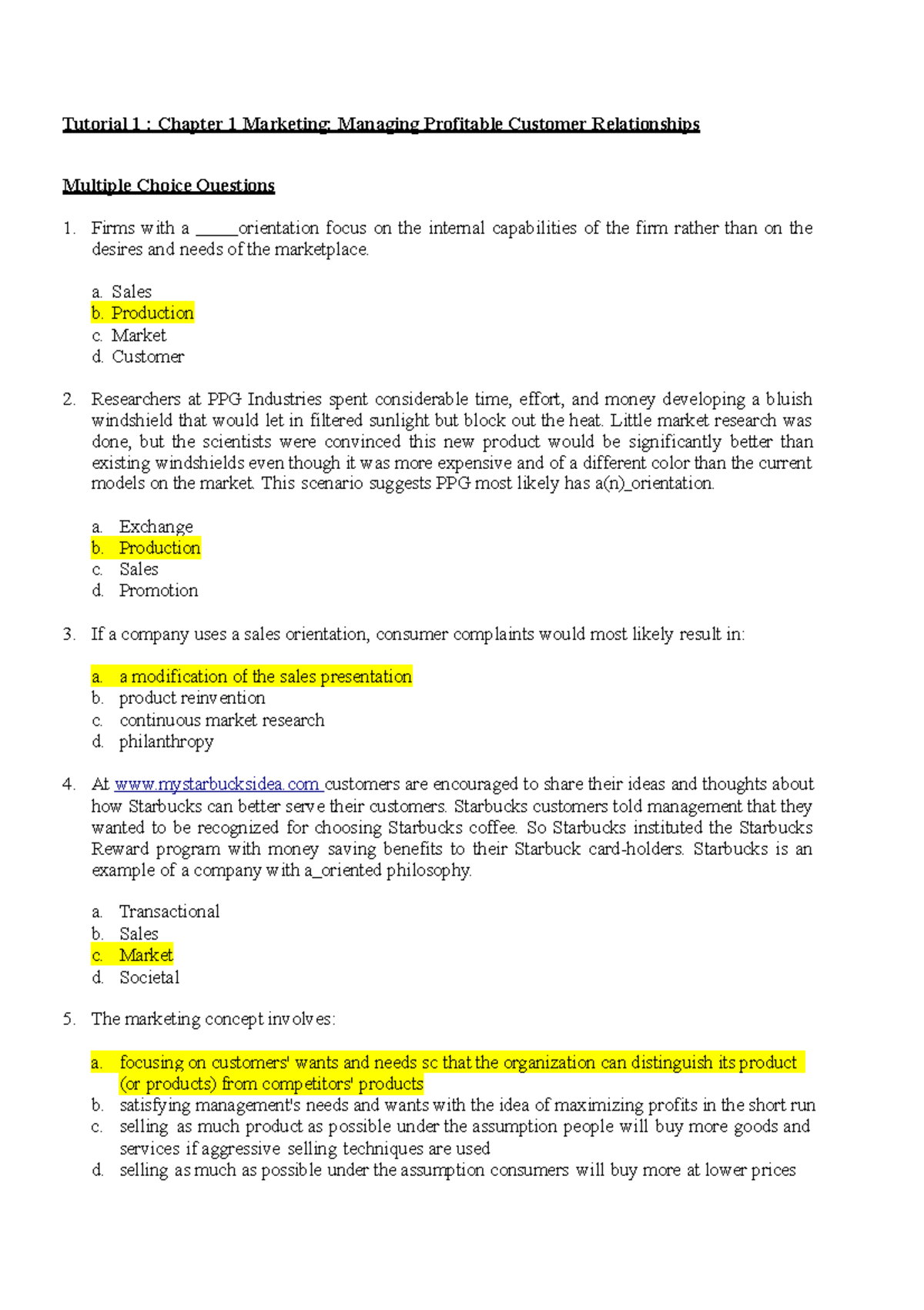 Tutorial 1 - Chapter 1 (Q) principle of marketing - Tutorial 1 ...