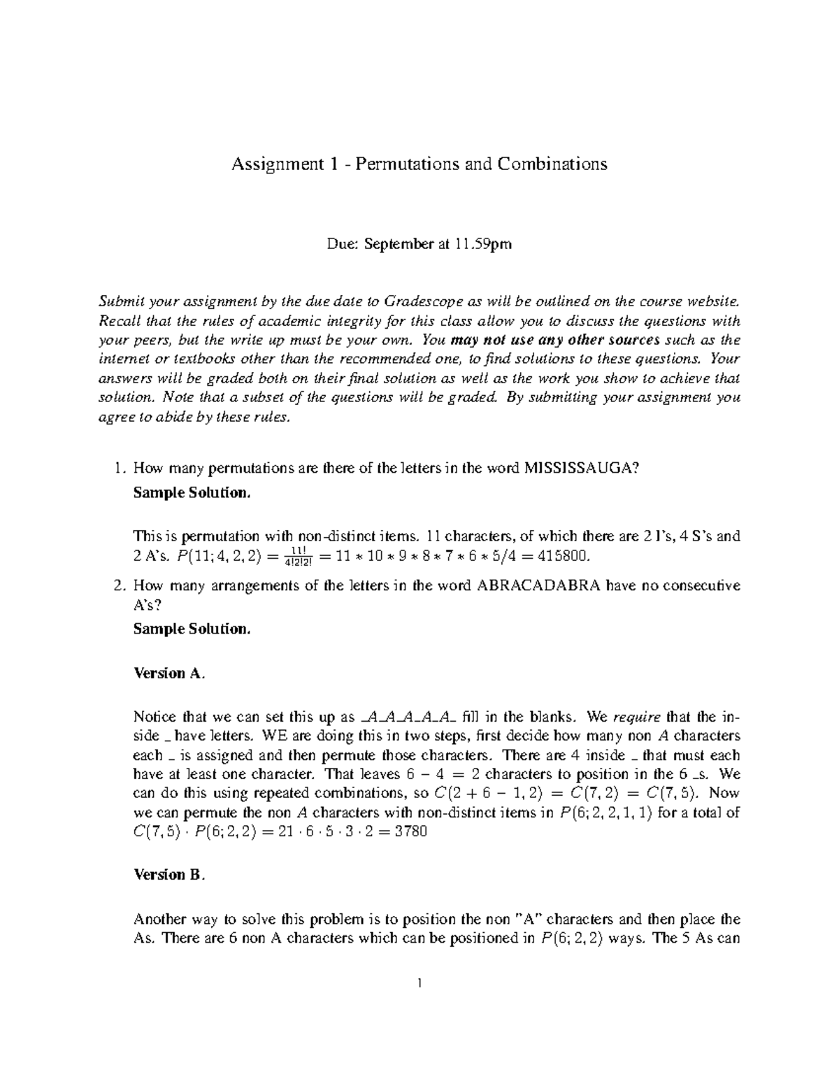 CSCA67 Assignment 1 - Assignment 1 - Permutations and Combinations Due: September at 11 Submit ...