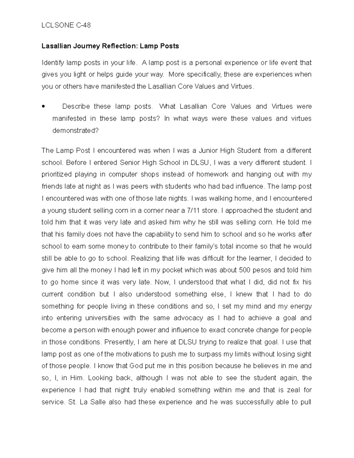 Lasallian Journey Reflection Lamp Posts Gonzales - LCLSONE C- Lasallian ...