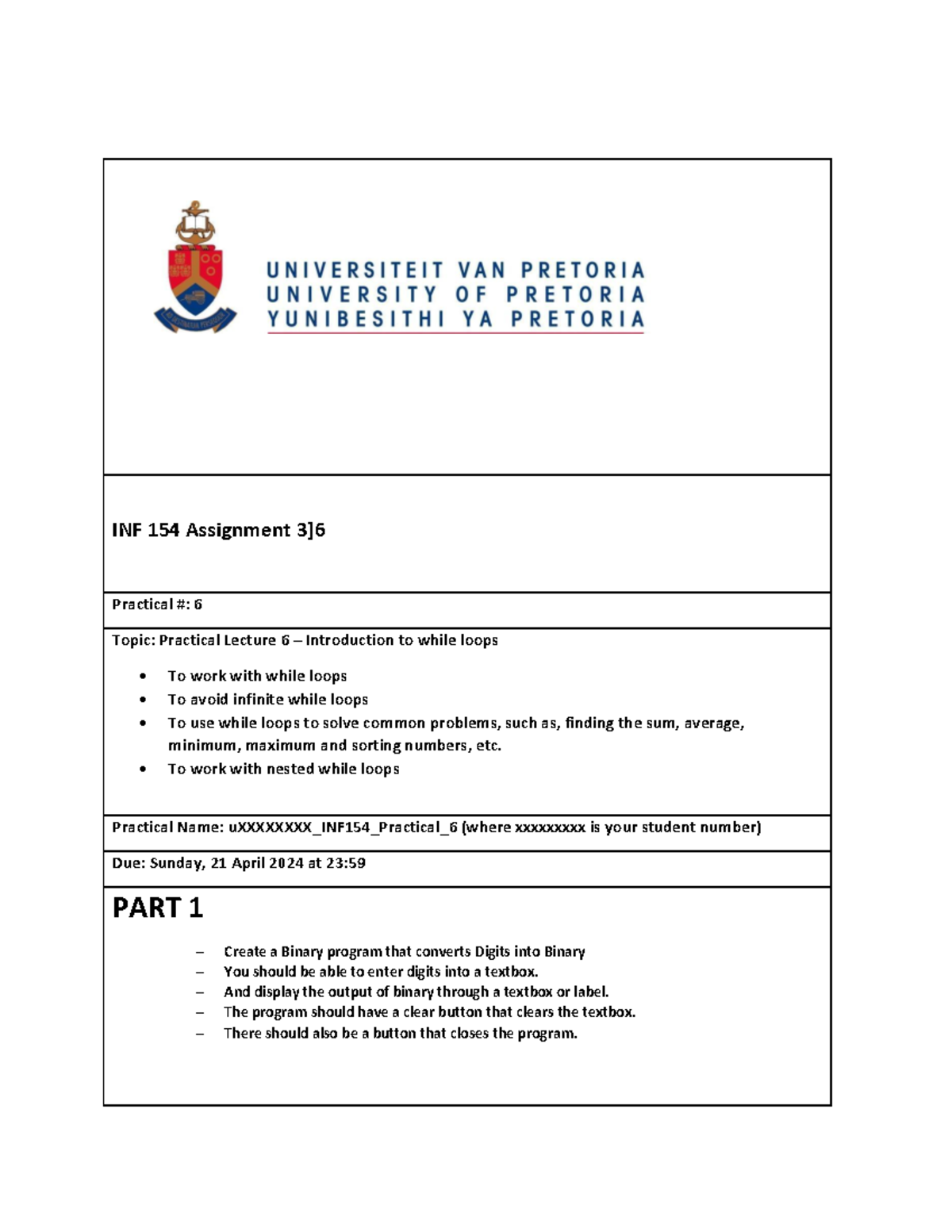 INF 154 Assignment 6 Rubric and instructions - INF 154 Assignment 3 ] Practical #: 6 Topic ...