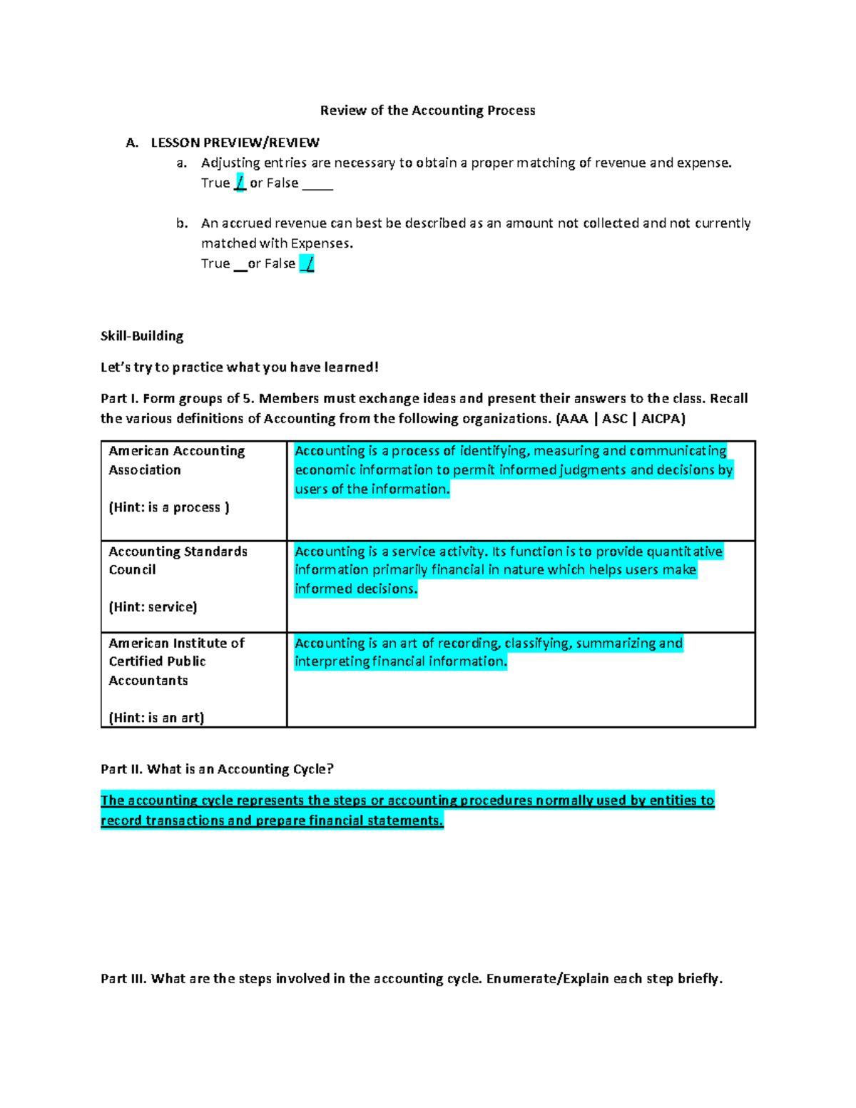 Review of the Accounting Process - LESSON PREVIEW/REVIEW a. Adjusting ...