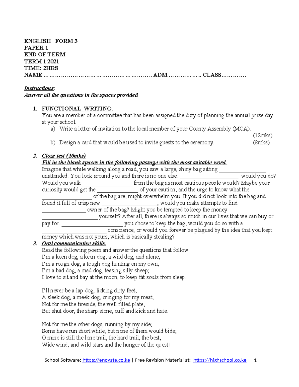 English PP1 Exam Questions Form 3 End Term 1 2023 - ENGLISH FORM 3 ...