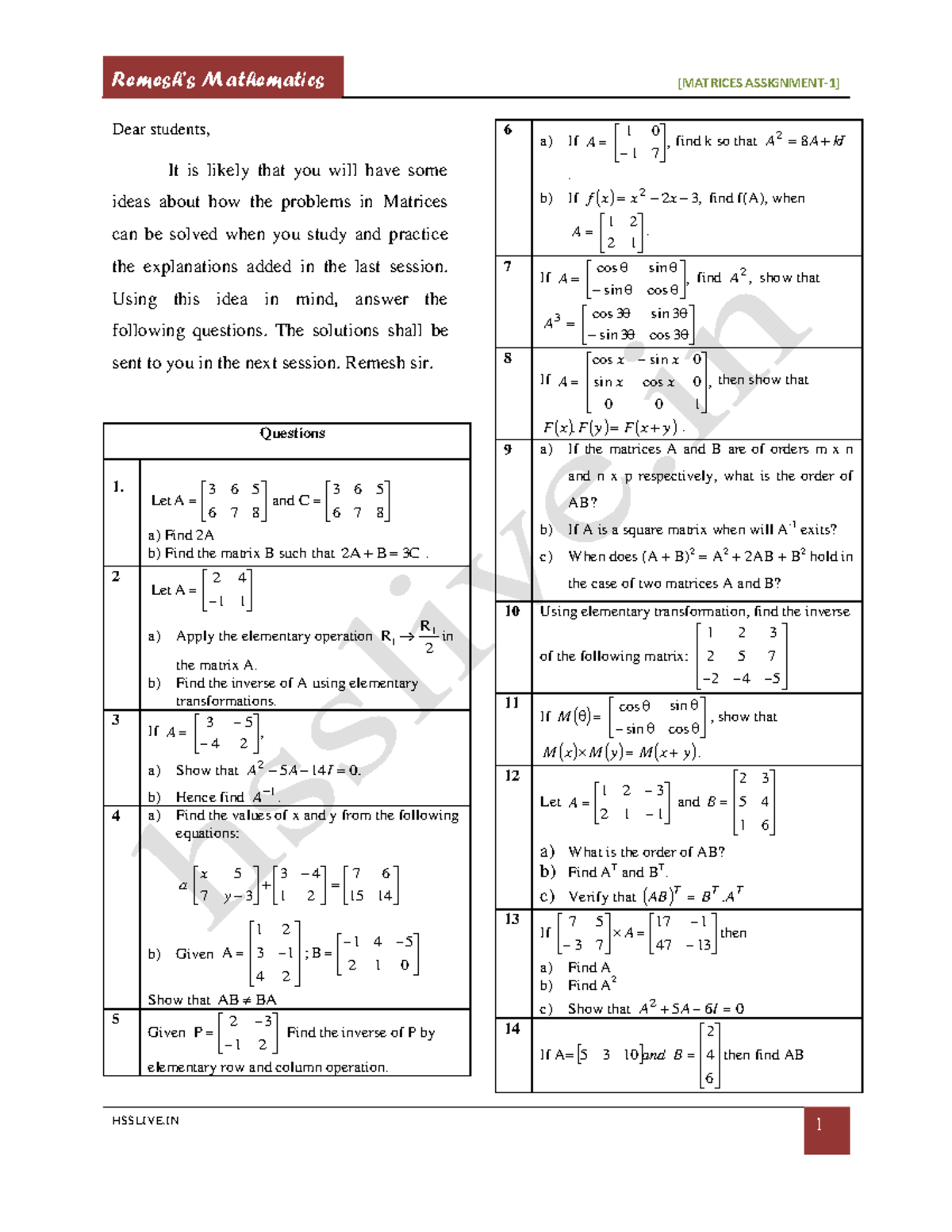 9 - Framework - Remesh’s Mathematics [MATRICES ASSIGNMENT-1] HSSLIVE 1 Dear students, It is ...