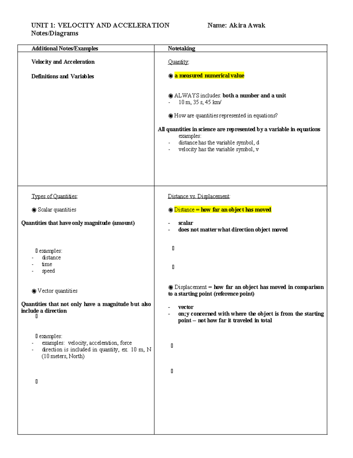 Copy of Velocity and Acceleration Guided Notes - UNIT 1: VELOCITY AND ...