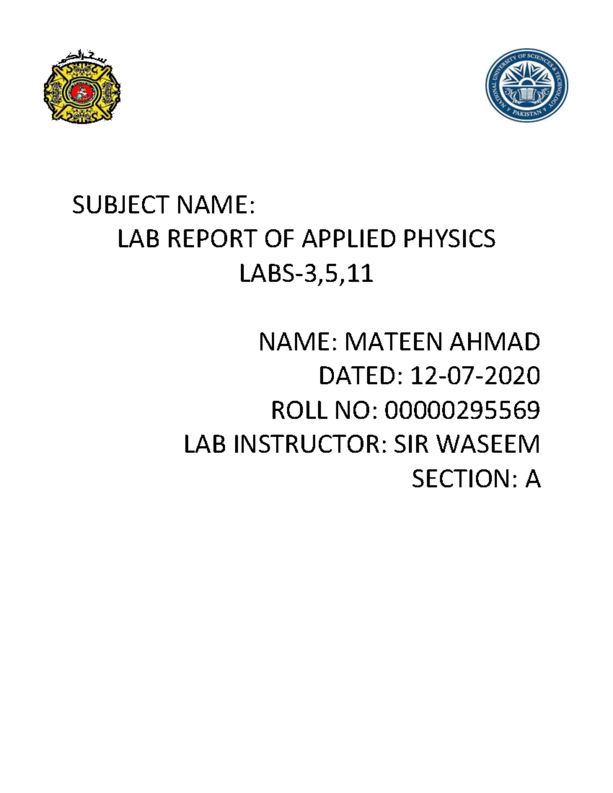 Lab Report by Mateen Ahmad AP - SUBJECT NAME: LAB REPORT OF APPLIED ...