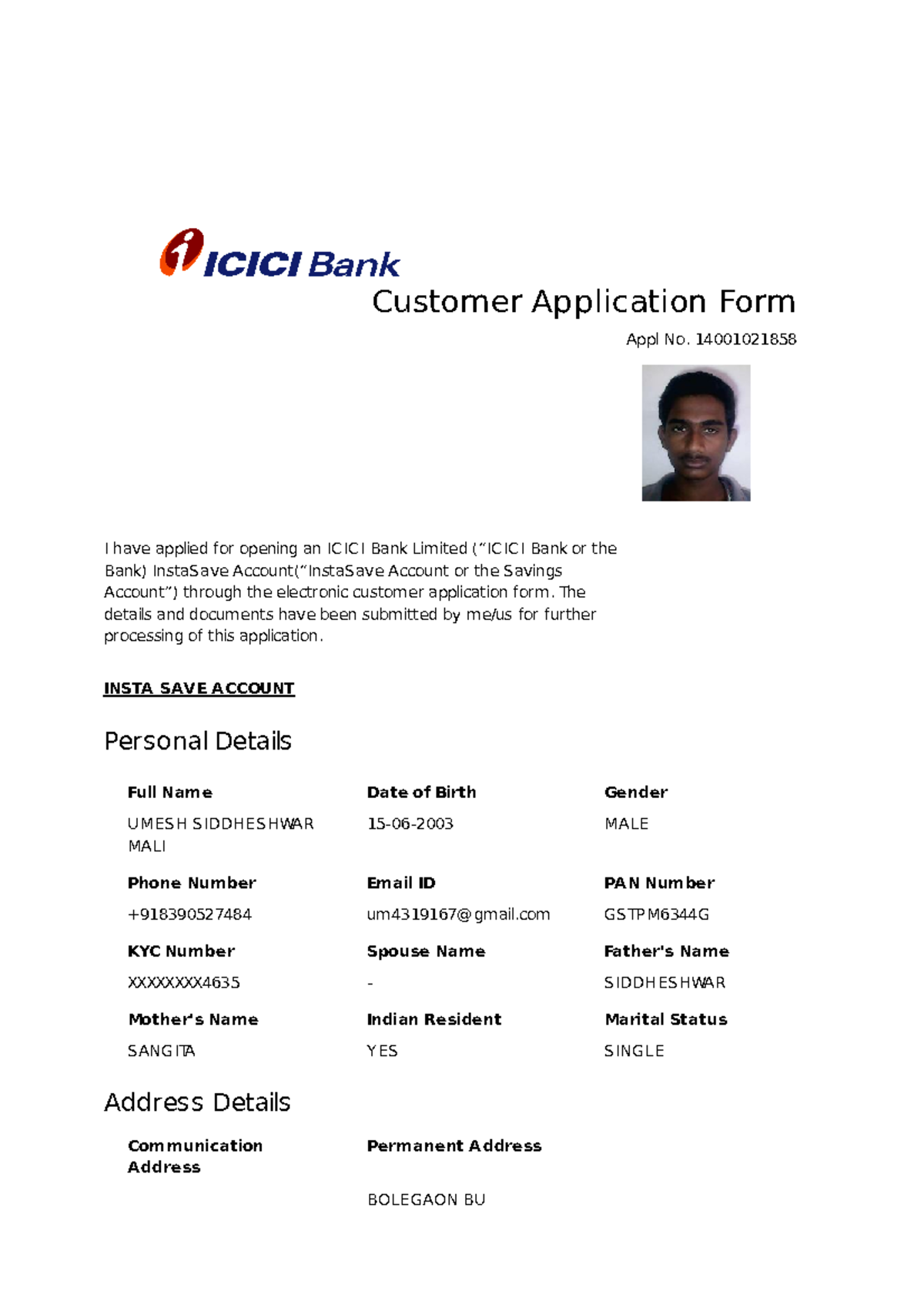Document - Best - Customer Application Form Appl No. 14001021858 I have ...