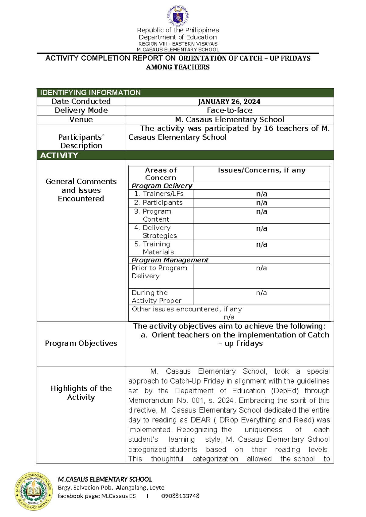Sample Accomplishment Report on Catch Up Friday 2023 - 2024 ...
