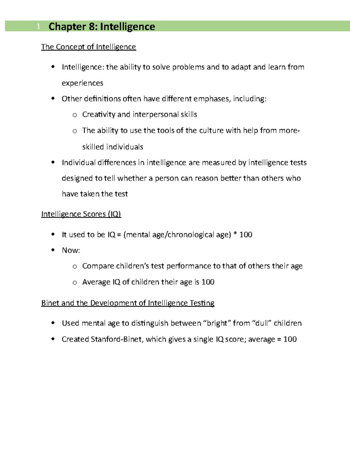 Ch 8 - Intelligence - Notes - The Concept of Intelligence Intelligence ...