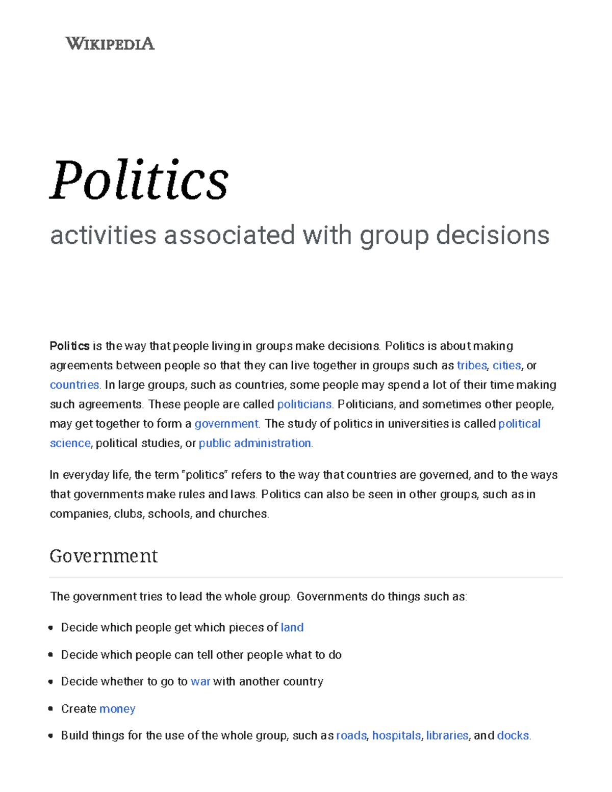 Politics - Simple English Wikipedia, the free encyclopedia - Sear ...