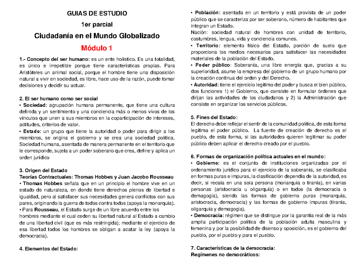Ciudadania - Guia de prearacion - GUIAS DE ESTUDIO 1er parcial Ciudadanía en el Mundo ...