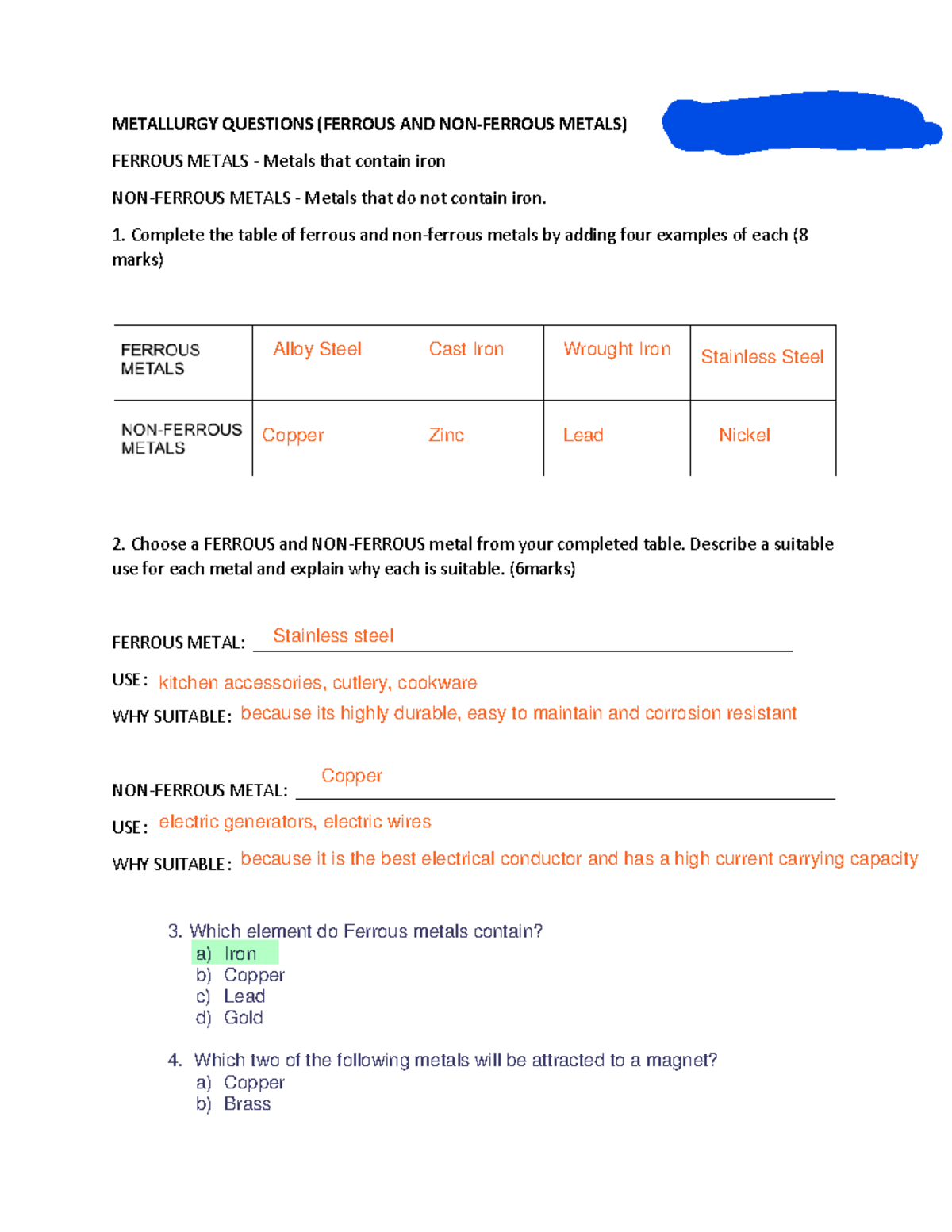 Metallurgy Questions - mutiple choice test answers - METALLURGY ...