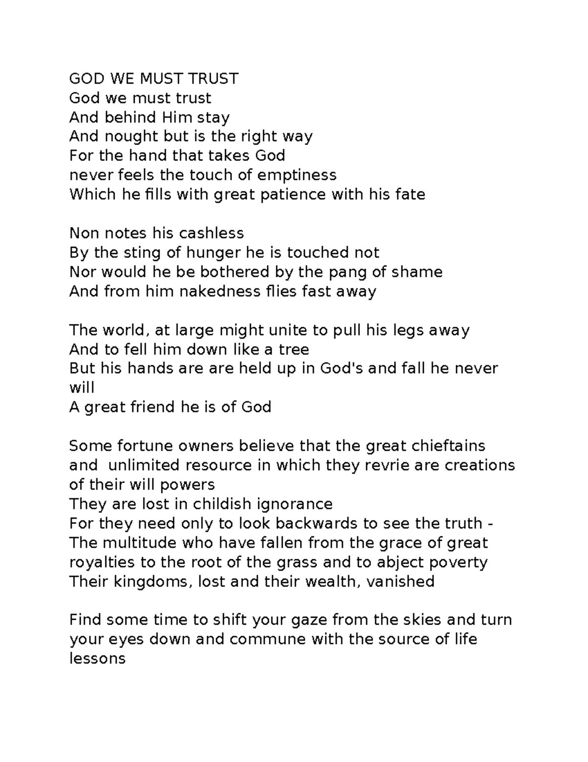Poems - english version - GOD WE MUST TRUST God we must trust And ...