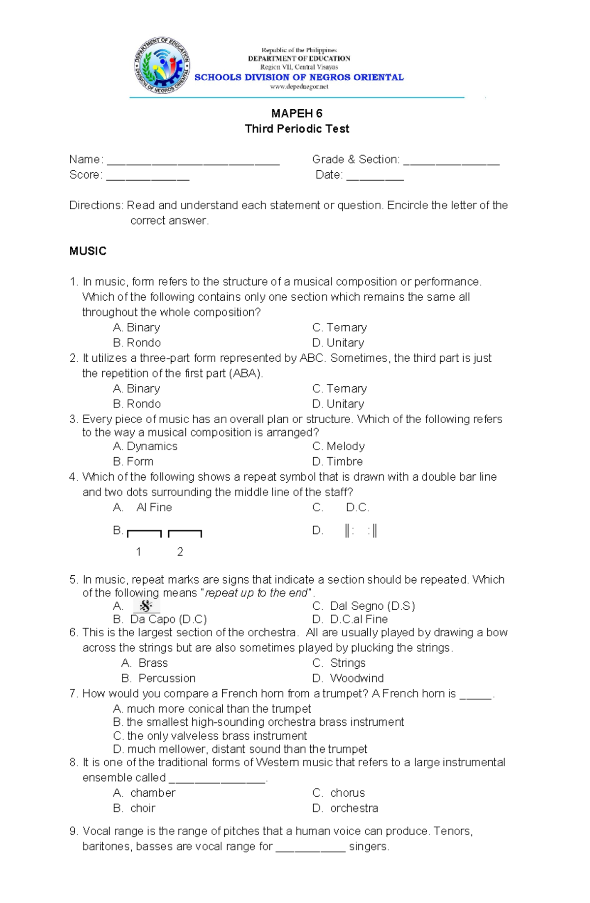 Done QA Q3 Mapeh 6 Summative-Test - MAPEH 6 Third Periodic Test Name