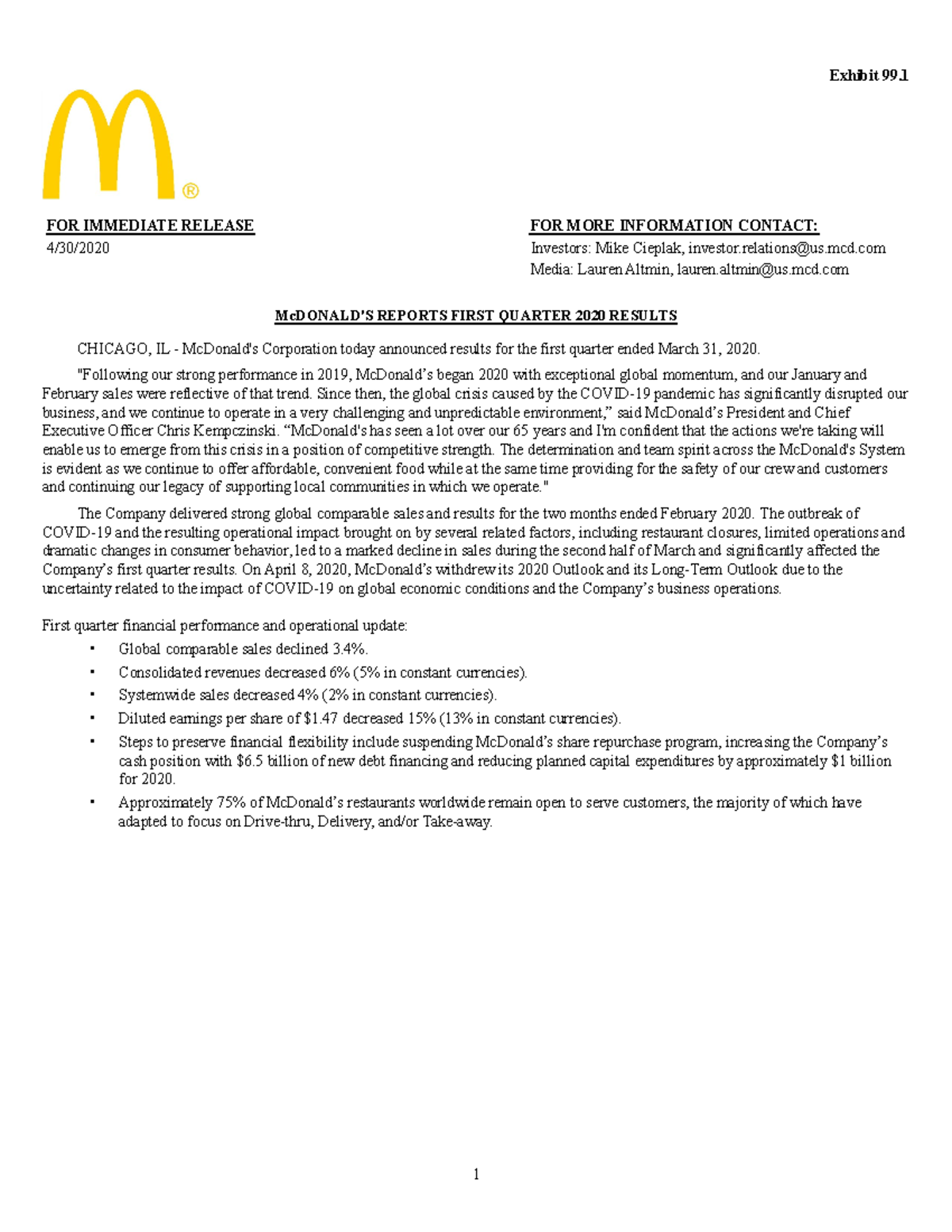 2020 1 Quarter MCDO - Exhibit 99. FOR IMMEDIATE RELEASE FOR MORE ...