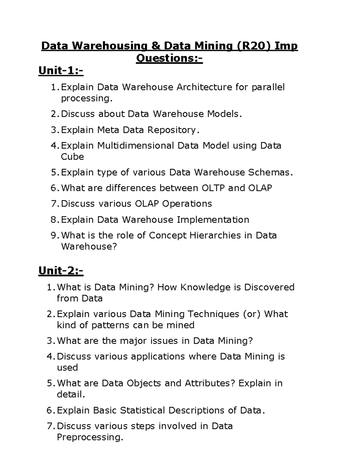 DW&M Imp Questions - easy to learn - Data Warehousing & Data Mining (R20) Imp Questions:- - Studocu