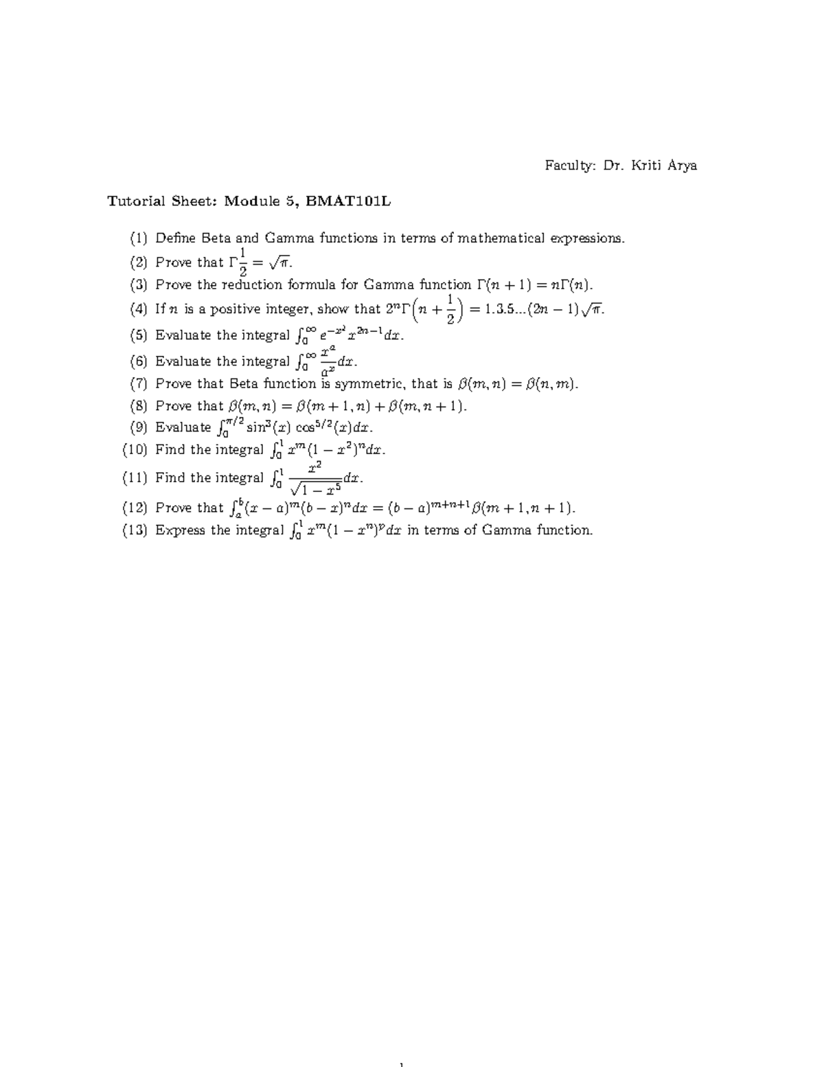 6. Tutorial Sheet Module 5 - Faculty: Dr. Kriti Arya Tutorial Sheet: Module 5, BMAT101L (1 ...