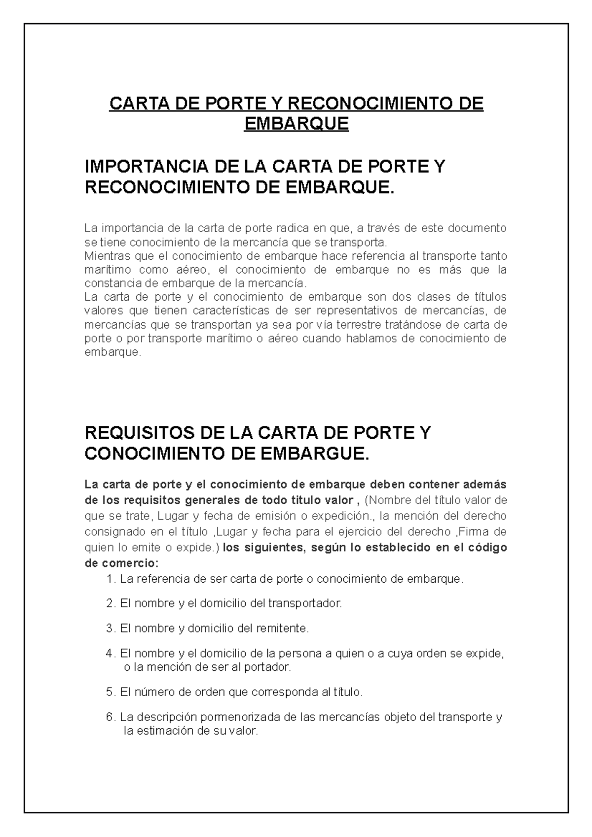 Carta DE Porte Y Reconocimiento DE Embarque diferencia. - CARTA DE ...
