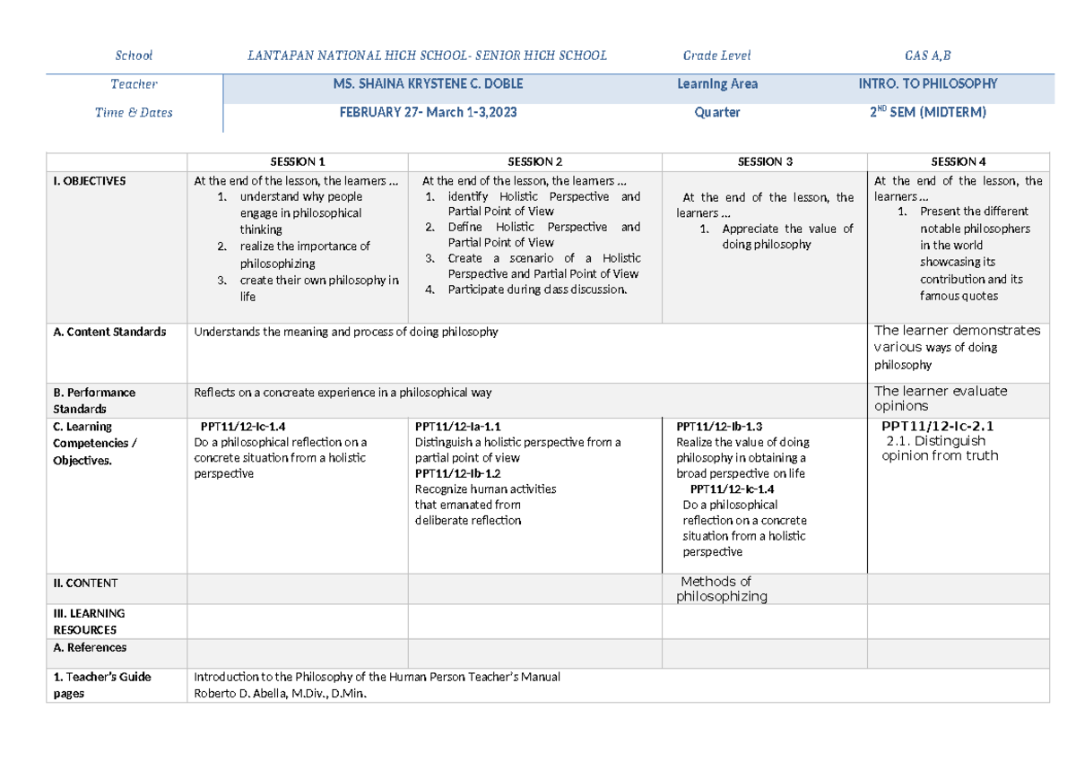 DLL Week4 - Lesson Plan - School LANTAPAN NATIONAL HIGH SCHOOL- SENIOR ...