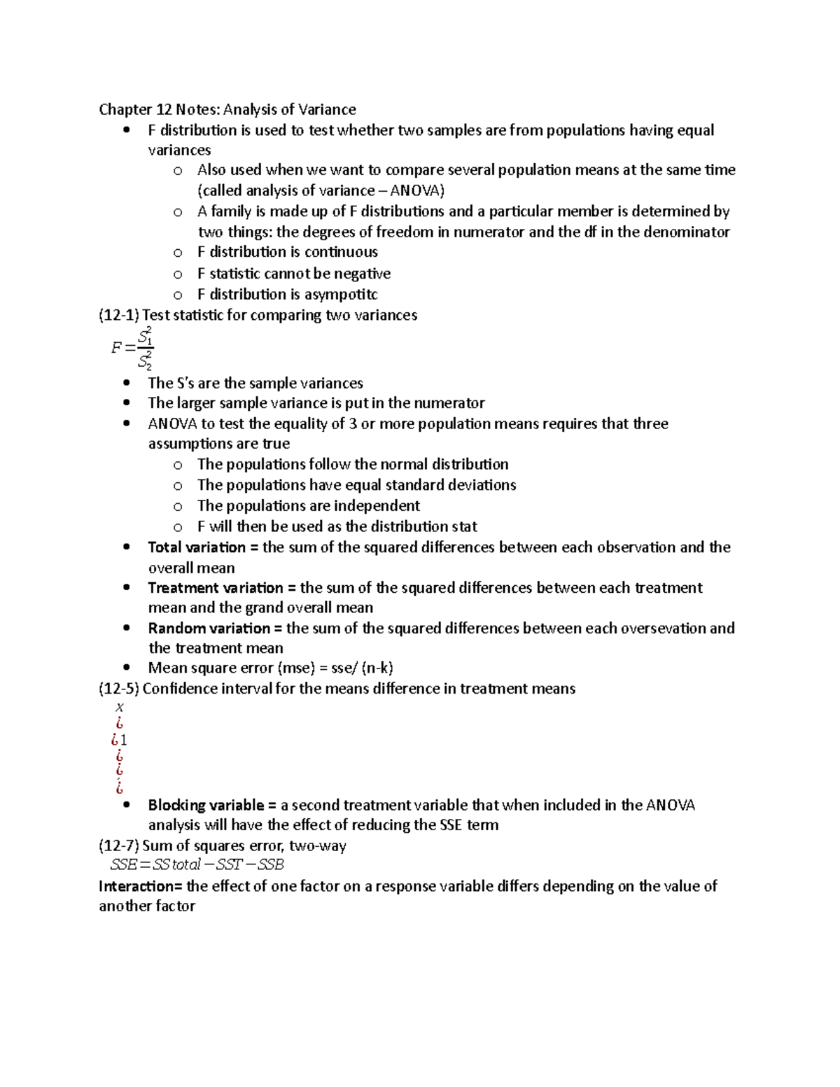 Chapter 12 Notes - Chapter 12 Notes: Analysis of Variance F ...