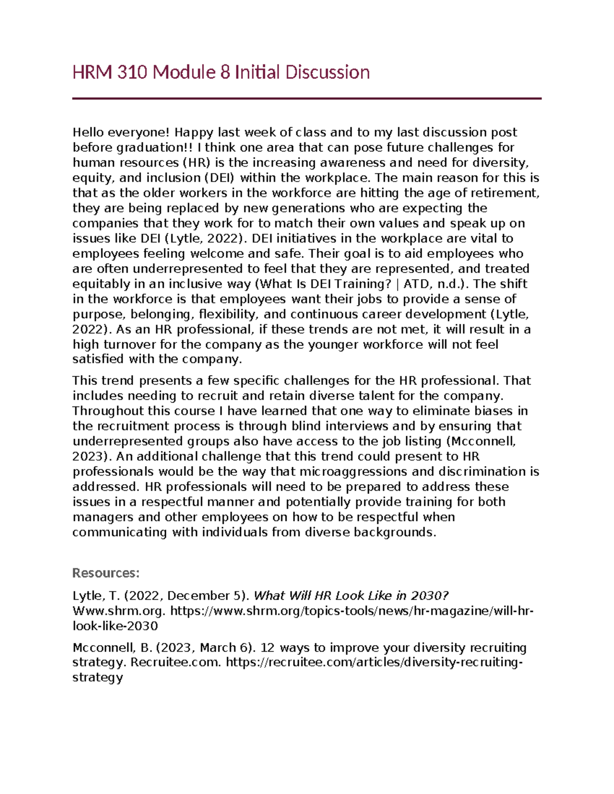 HRM 310 Module Eight Discussion Notes - HRM 310 Module 8 Initial ...