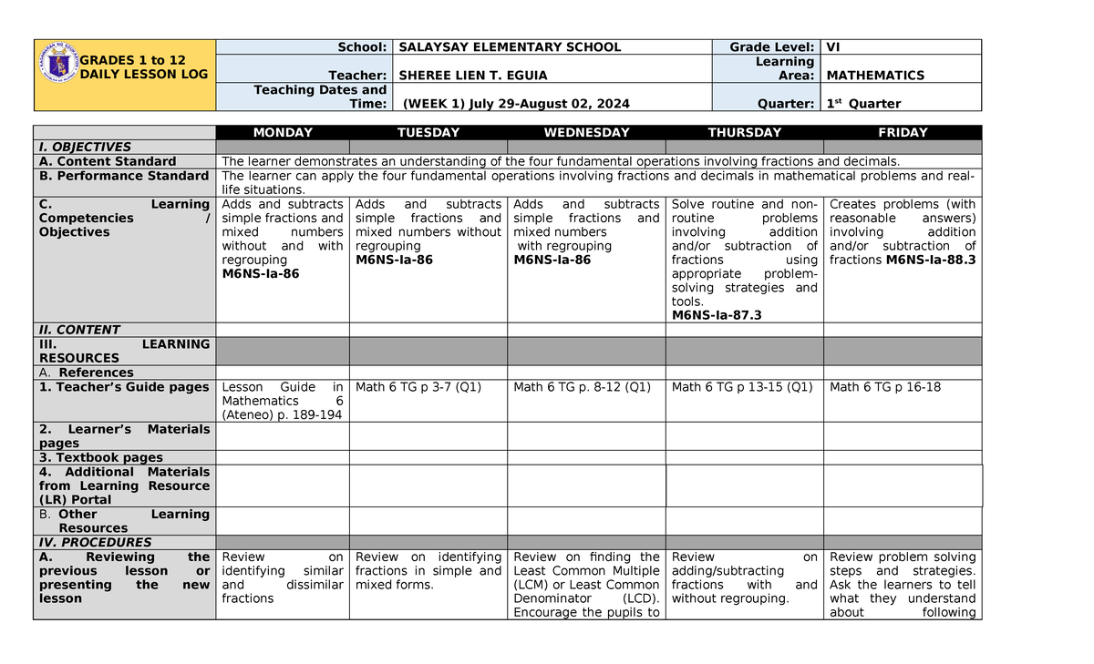 MATH6DLLQ1-W1 - Daily Lesson Log Quarter 1 Week 1 - GRADES 1 to 12 DAILY LESSON LOG School ...