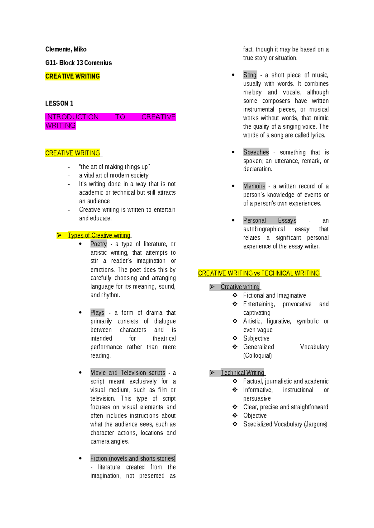 Creative Writing Reviewer - Clemente - Clemente, Miko G11- Block 13 Comenius CREATIVE WRITING ...