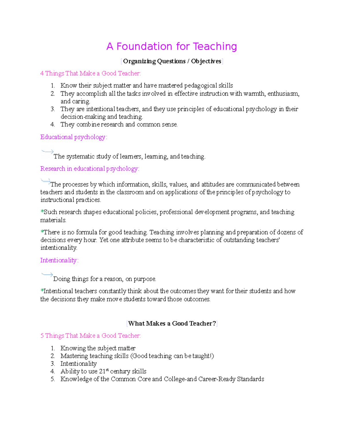 Chapter 1 Notes: A Foundation for Teaching - A Foundation for Teaching ...