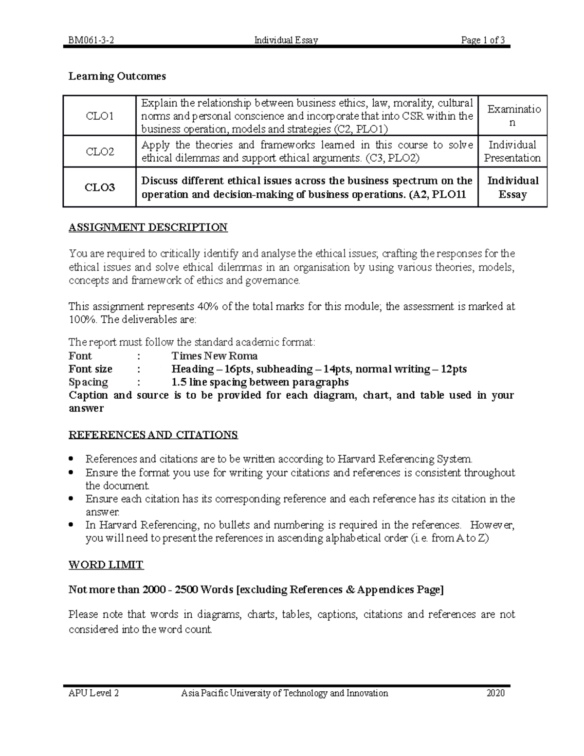 Assignment question 112020 - BM061-3-2 Individual Essay Page 1 of 3 ...