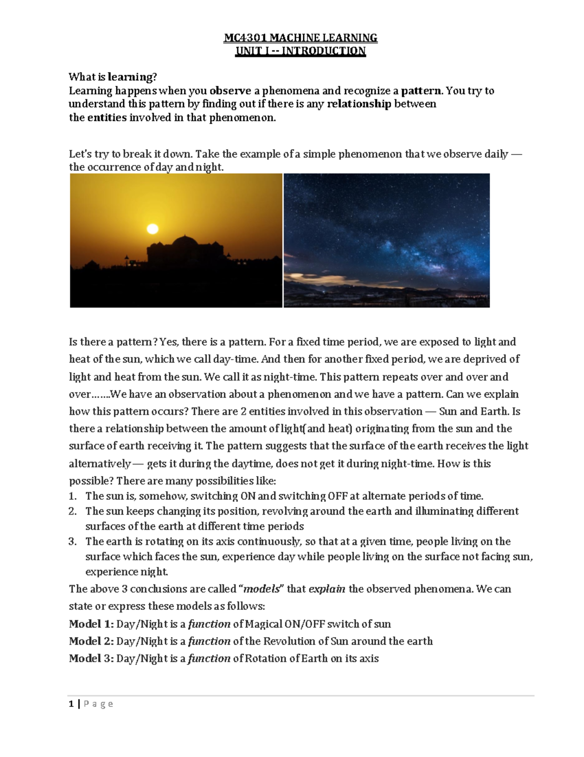 MC4301 Machine learning UNIT 1 Introduction FULL Notes - MC4301 MACHINE ...