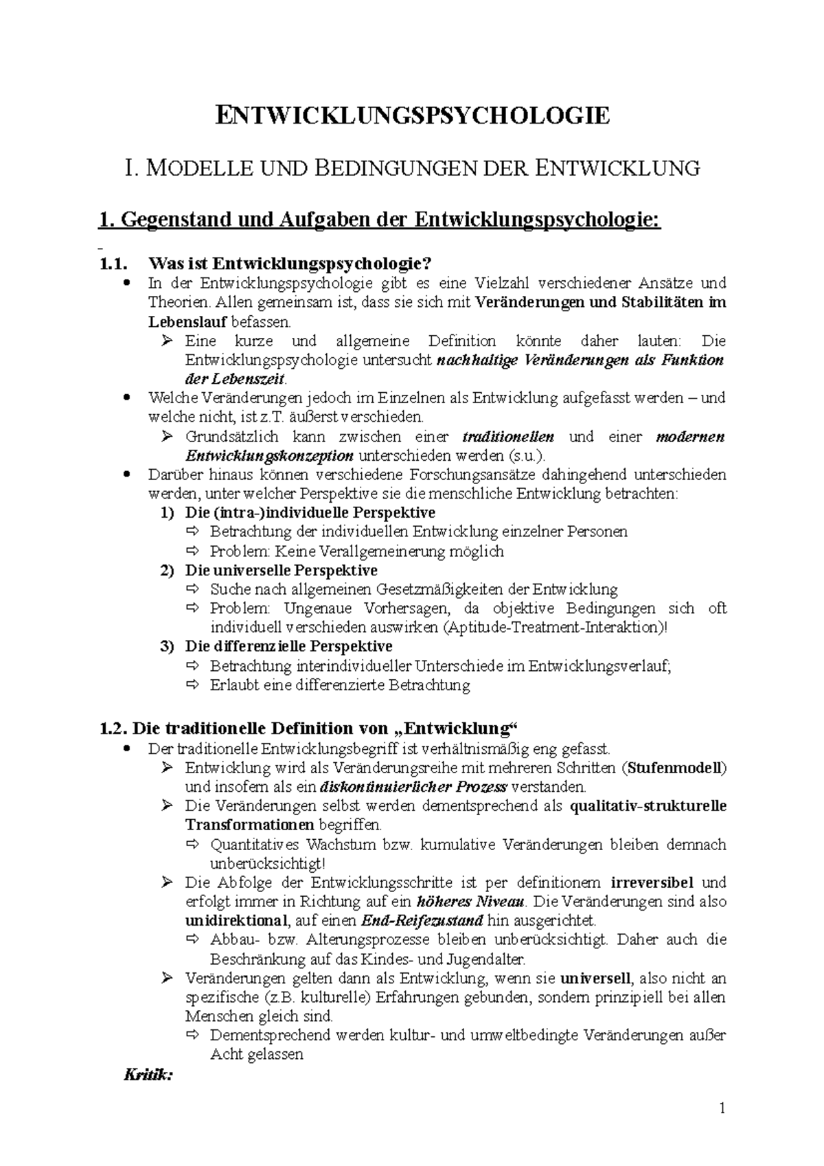 Entwicklung - ENTWICKLUNGSPSYCHOLOGIE I. MODELLE UND BEDINGUNGEN DER ...