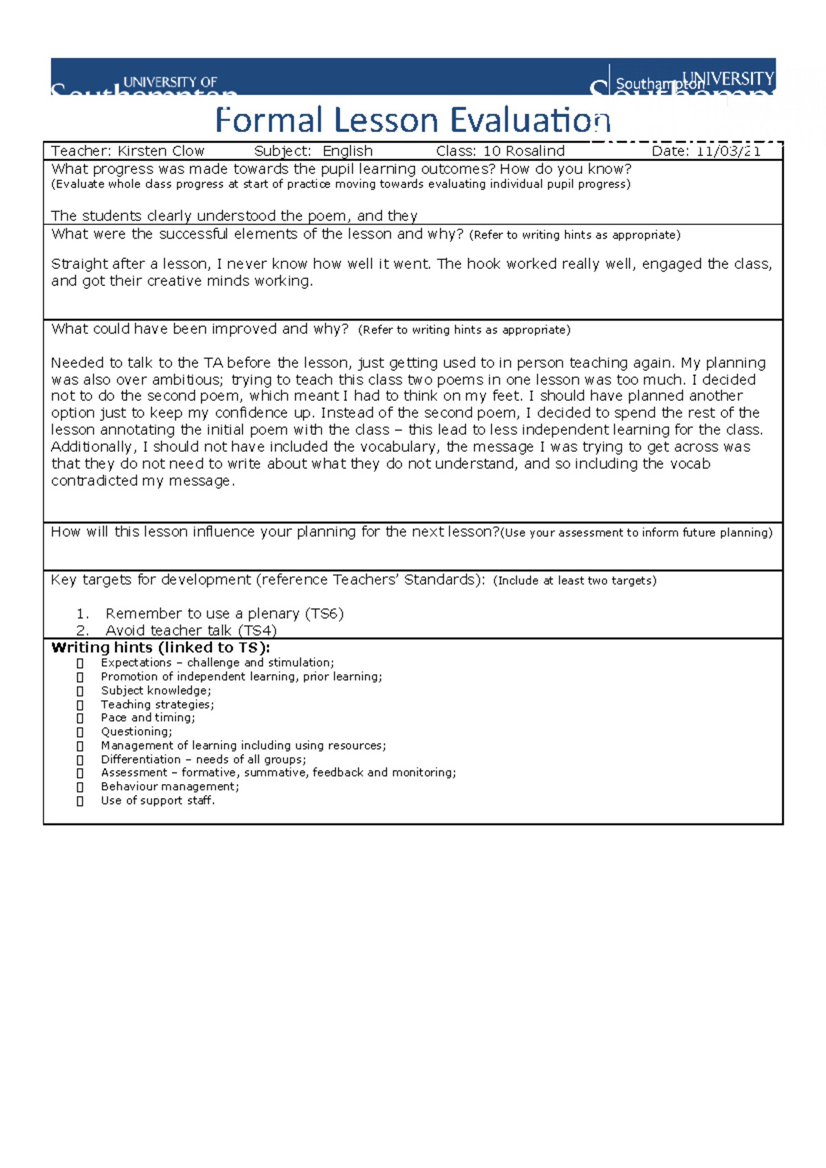 Formal Lesson Evaluation - Formal Lesson Evaluation Teacher: Kirsten ...