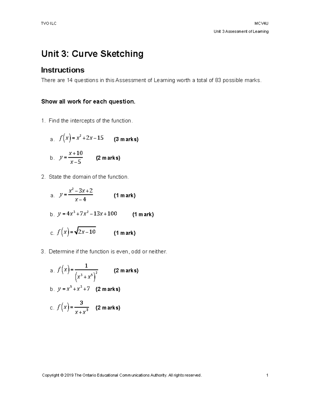 MCV Assessment - dazsdadasda - Unit 3 Assessment of Learning TVO ILC MCV4U Unit 3: Curve ...