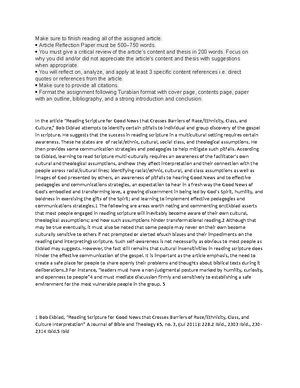 Article Reflection - LIBERTY UNIVERSITY SCHOOL OF DIVINITY Article ...